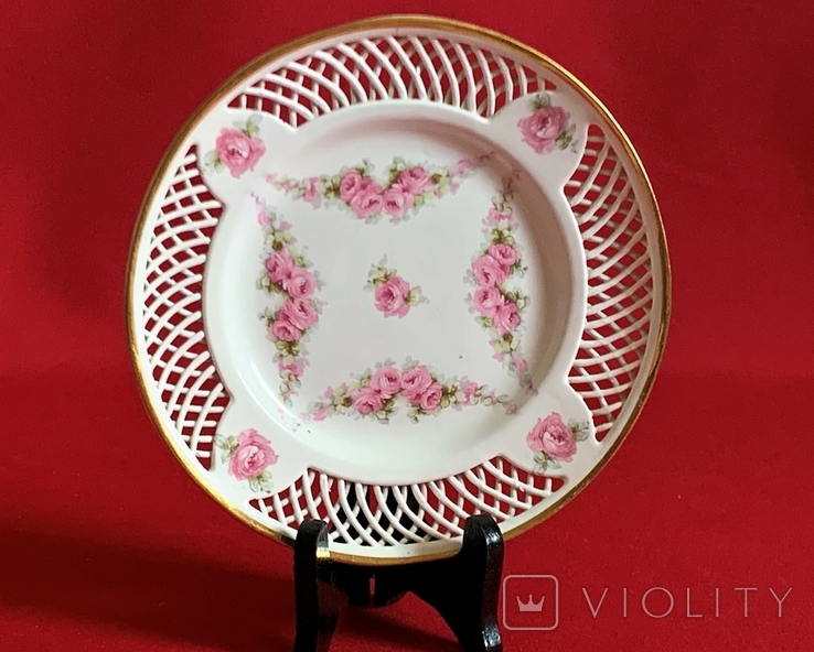 Antique decorative plate openwork porcelain Roses stamp RVR Max Roesler ...