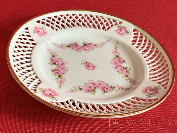 Antique decorative plate openwork porcelain Roses stamp RVR Max Roesler ...