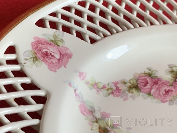 Antique decorative plate openwork porcelain Roses stamp RVR Max Roesler ...
